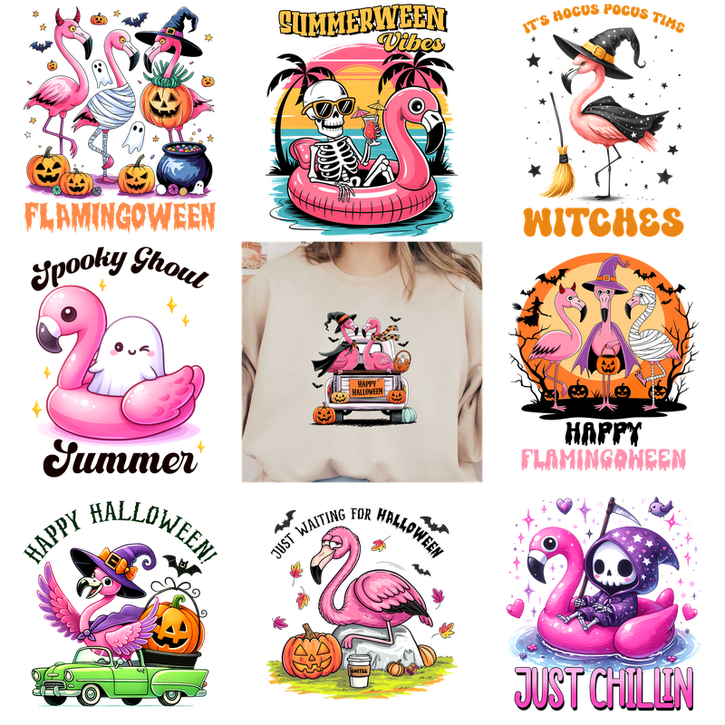 Colorful Halloween-themed flamingo graphics featuring festive pumpkins ...