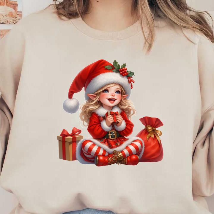 Elf in Red with Santa Hat & Gifts - DTF Transfers, DTF Prints | MakeDTF