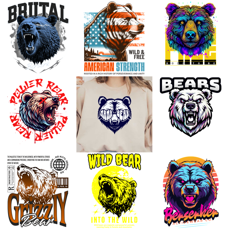 A colorful array of bear-themed t-shirt designs. – MakeDTF