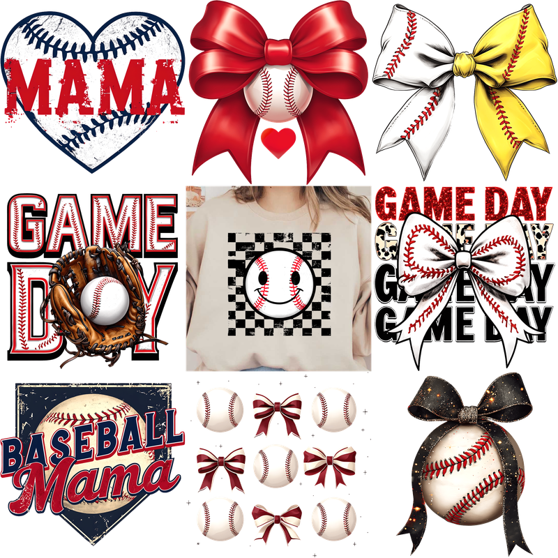 Cheerful baseball-themed designs featuring "Mama" and "Game Day" motifs ...