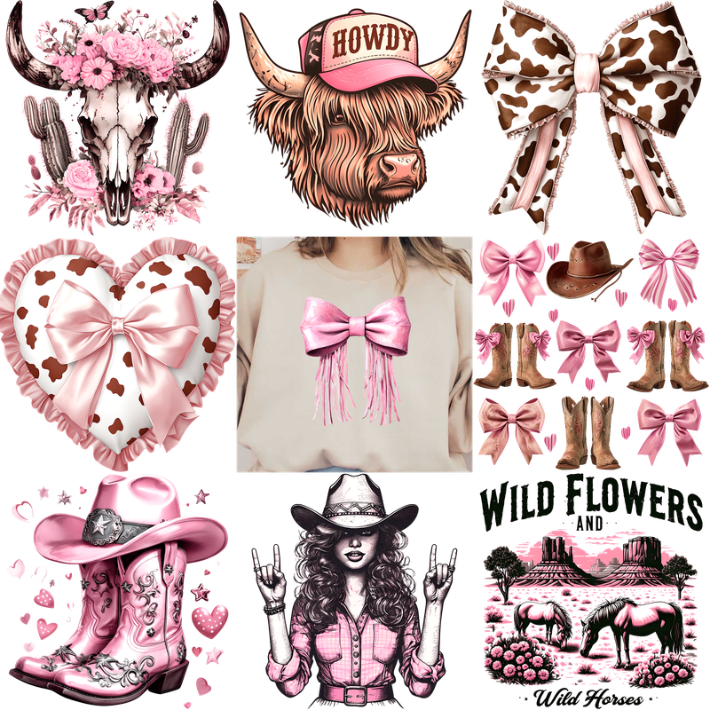 A vibrant collage of western-themed graphics featuring bows, hats, and ...