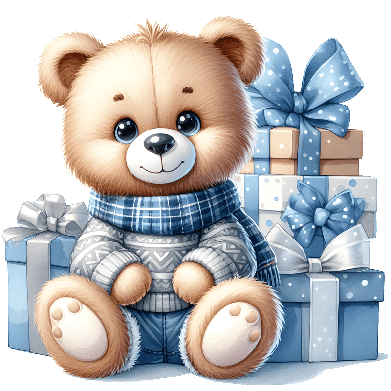 A set of four adorable teddy bear illustrations, each depicting ...