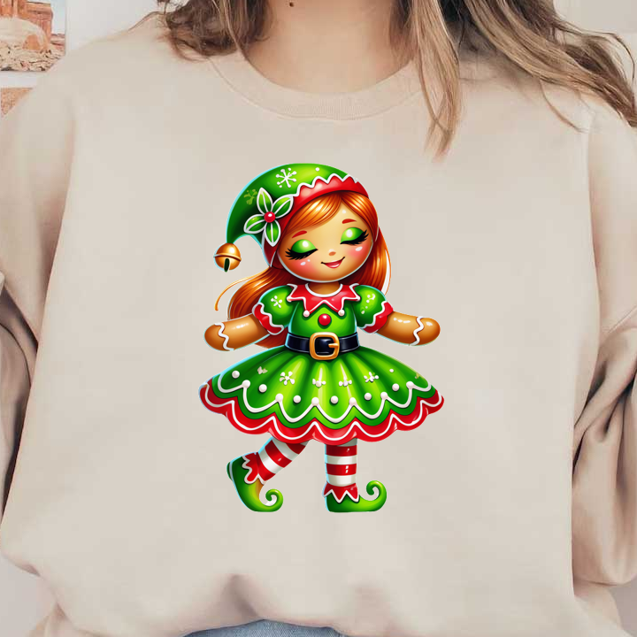 Cheerful Christmas Elf in Green Dress DTF Transfers | MakeDTF