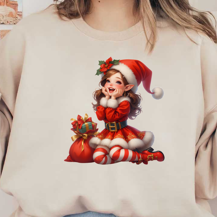 Cheerful Elf Girl DTF Transfers, Festive Red Outfit & Gifts | MakeDTF