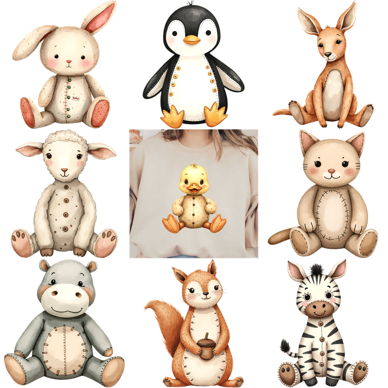 Adorably designed plush animal characters with stitched patterns and ...